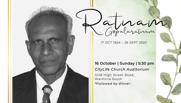 Celebrating the life of Ratnam Gopalratnam - Tamil Australian