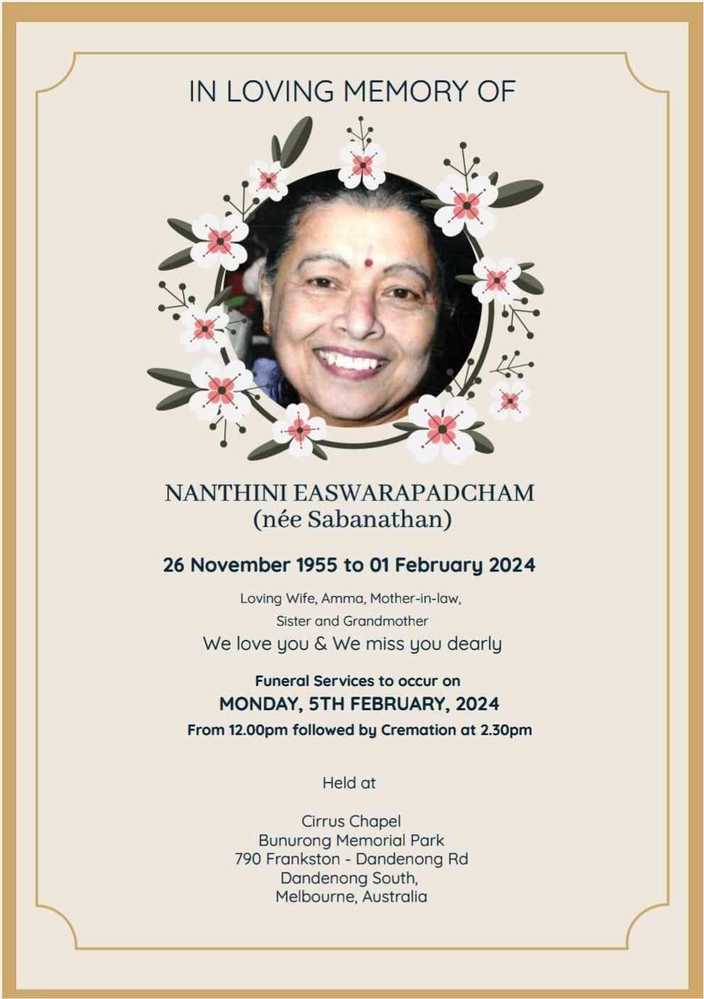 மரண அறிவித்தல் - நந்தினி ஈஸ்வரபச்சம் - Tamil Australian